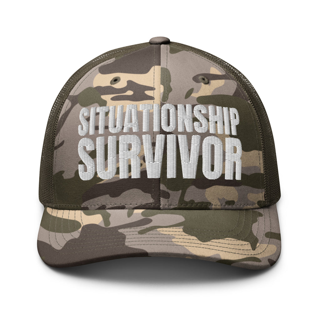 Situationship Survivor Embroidered Camo Trucker Hat – VIBE2K